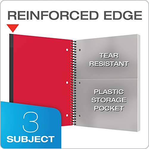 Oxford Spiral Notebook 3 Pack, 3 Subject, Wide Rule, Durable Plastic Covers, Strong Coil, 3 Pockets, 8.5 x 11, 150 Sheets, Red, Green, Blue (89804)