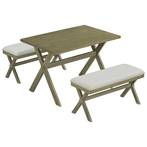 UBGO Chair for 4, 3 Piece Modern Leisure Set with 2 Upholstered Bench Rectangular Table for Kitchen, Dining Room, Restaurant, Apartment Small Space Furniture, Gray Green