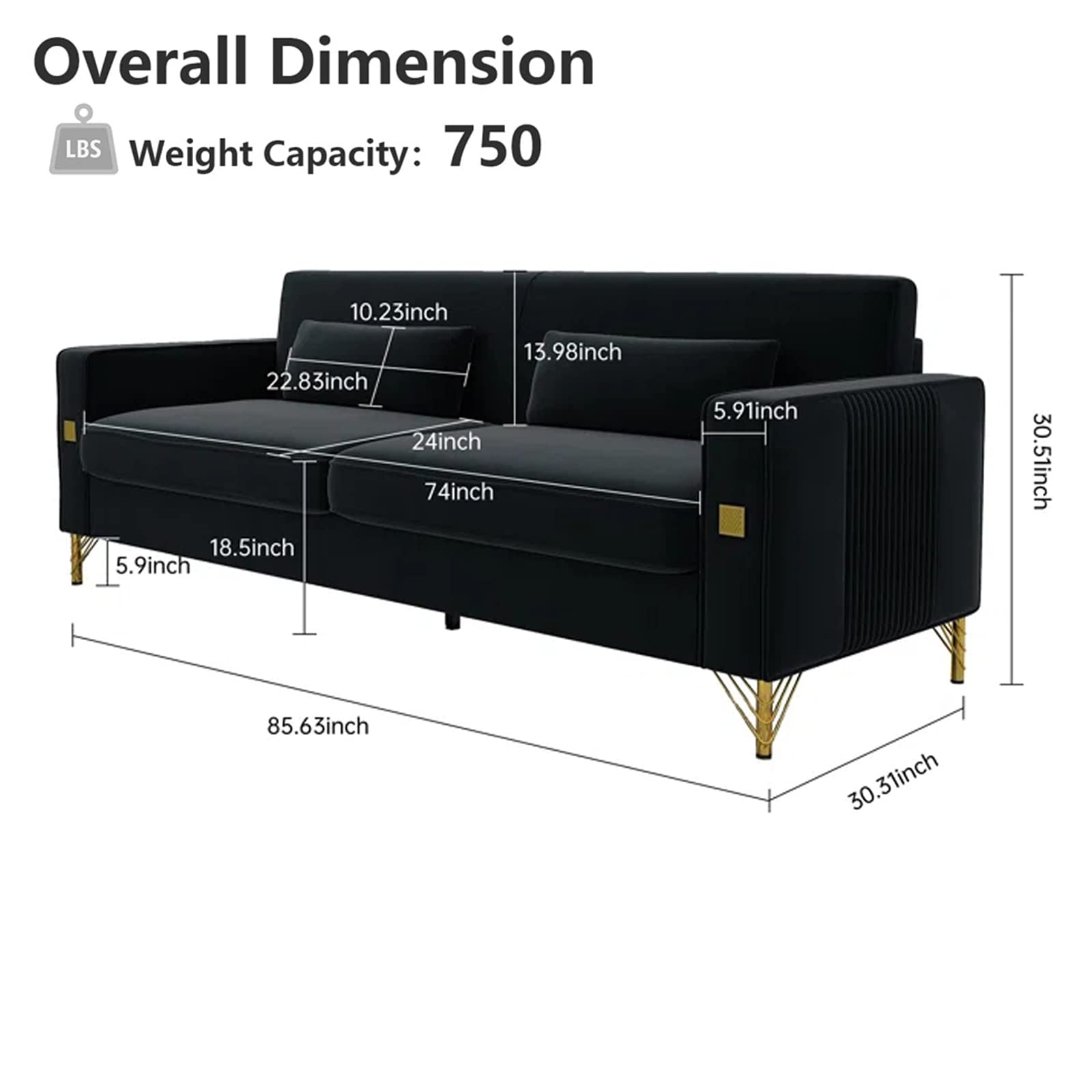 IQIAite 85" Wide Velvet Loveseat Sofa Mid Century Modern Comfy 3 Seat Couch Black Tufted Love Seat Sofas with 2 Pillows Gold Legs for Living Room Office Apartment Furniture Solid Wood Frame