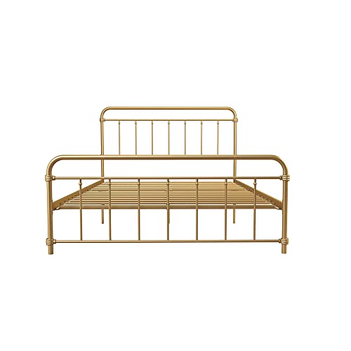 DHP Winston Metal Platform Bed with Rustic Design and Curved Edge Headboard and Footboard, Adjustable Base Height for Underbed Storage, No Box Spring Needed, Queen, Gold