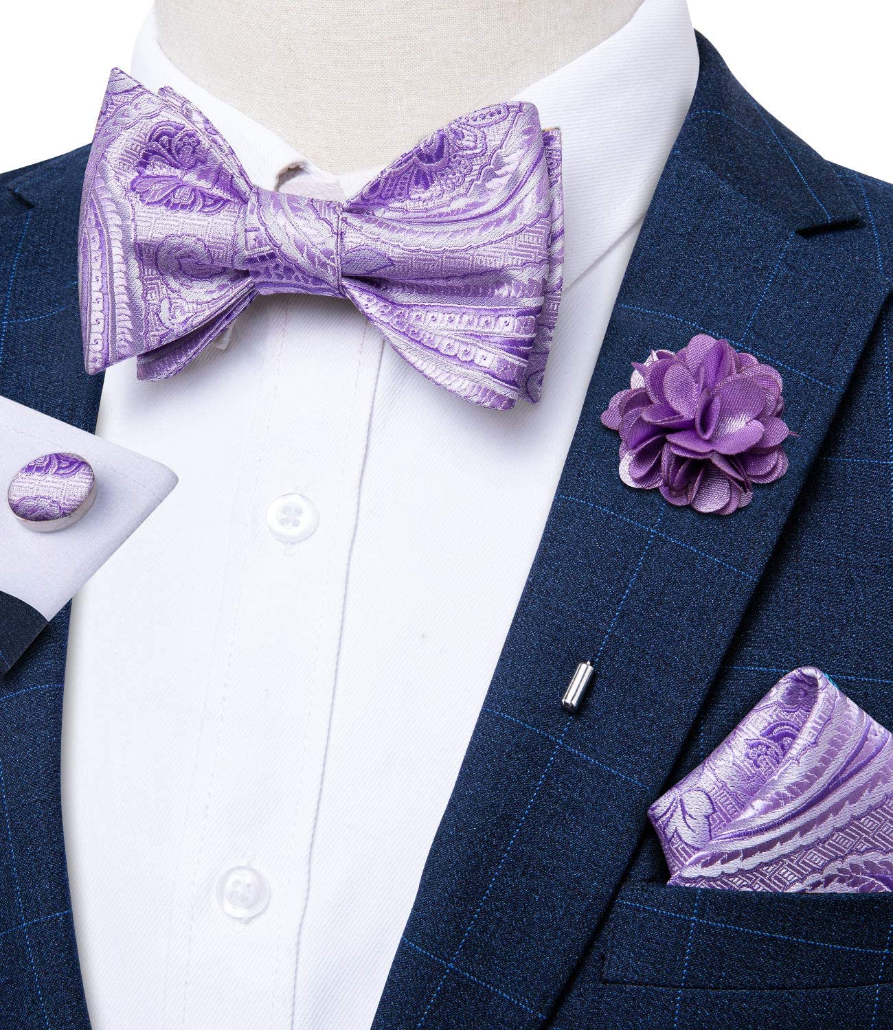 DiBanGu Lavender Purple Bow Tie for Men Woven Paisley Self Tied Bow Tie and Lapel Pin Set with Handkerchief Cufflinks