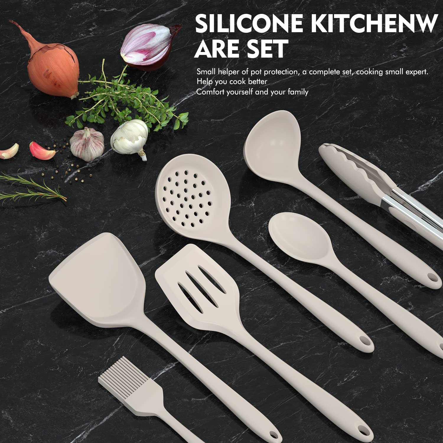 Dishwasher Safe Silicone Cooking Utensils Set - 446°F Heat Resistant Basic Silicone Kitchen Utensils,Turner Tongs, Spatula, Spoon, Brush, Whisk, Gadgets Tools for Nonstick Cookware (BPA Free - Grey)