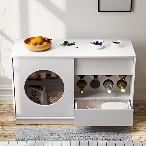 Waktavel Wine Bar Cabinet for Alcohol and Glasses, Buffet Cabinet with Storage,Alcohol Cabinet Small Liquor Cabinet Drawers, Sideboard Buffet Pantry Cabinet for Dining Room, White