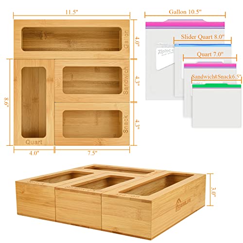 Ziplock Bag Organizer for Kitchen Drawer, 4 PACK Storage Bag Organizer ,Bamboo Food Storage Bag Holder Compatible with Ziploc, Solimo, Glad, Hefty, for Gallon, Quart, Sandwich & Snack Variety Size Bag (Natural)