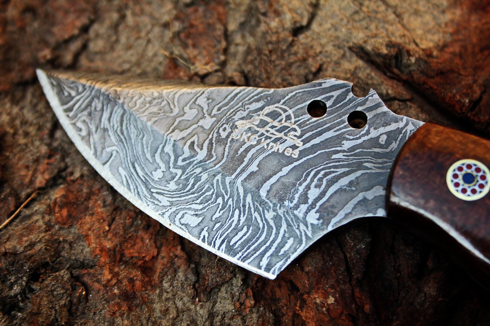 DKC Knives (16 6/18 DKC-89-DS-x Vortex Fixed Hunting Skinner Knife Damascus Steel Mahogany Micarta 6" Long, 3" Blade 6 oz