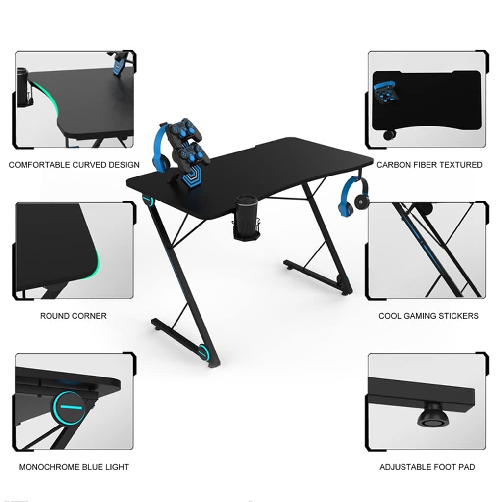DHTDVD Gaming Desk, E-Sport Gamer Workstation with LED Lights & Large Carbon Fiber Surface, Ergonomic PC Gaming