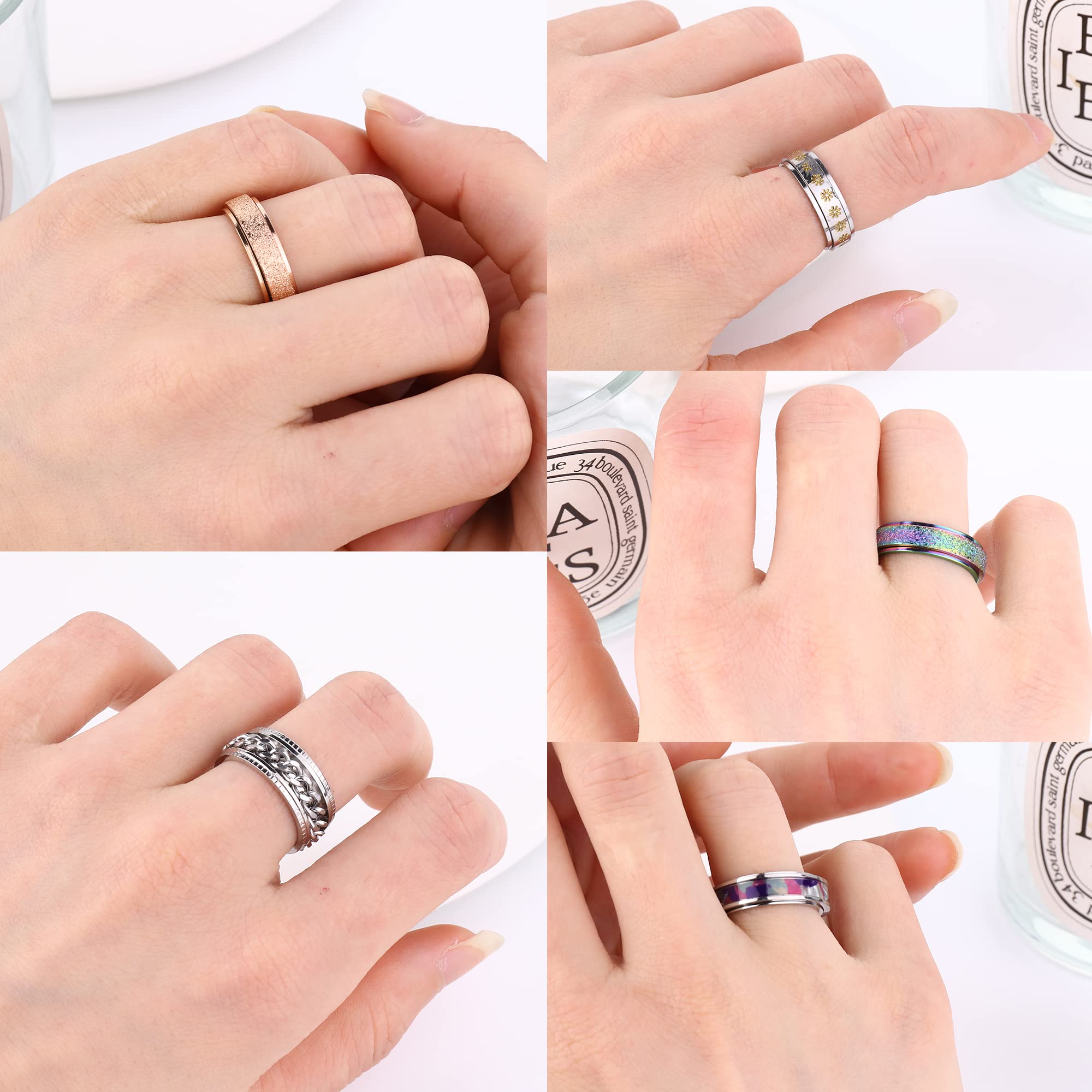 FIBO STEEL 9Pcs Stainless Steel Spinner Fidget Ring for Women Band Rings Moon Star Sand Blast Finish Ring Set for Stress Relieving Wedding Promise Size 9