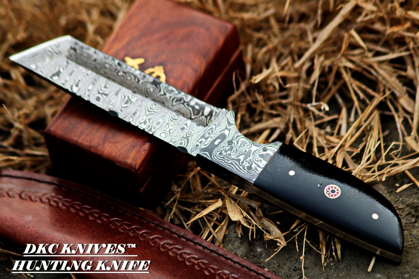 DKC-524-DS Tanto Sky Damascus Hunting Knife 10" Long 10 oz Black Handle 5" Blade