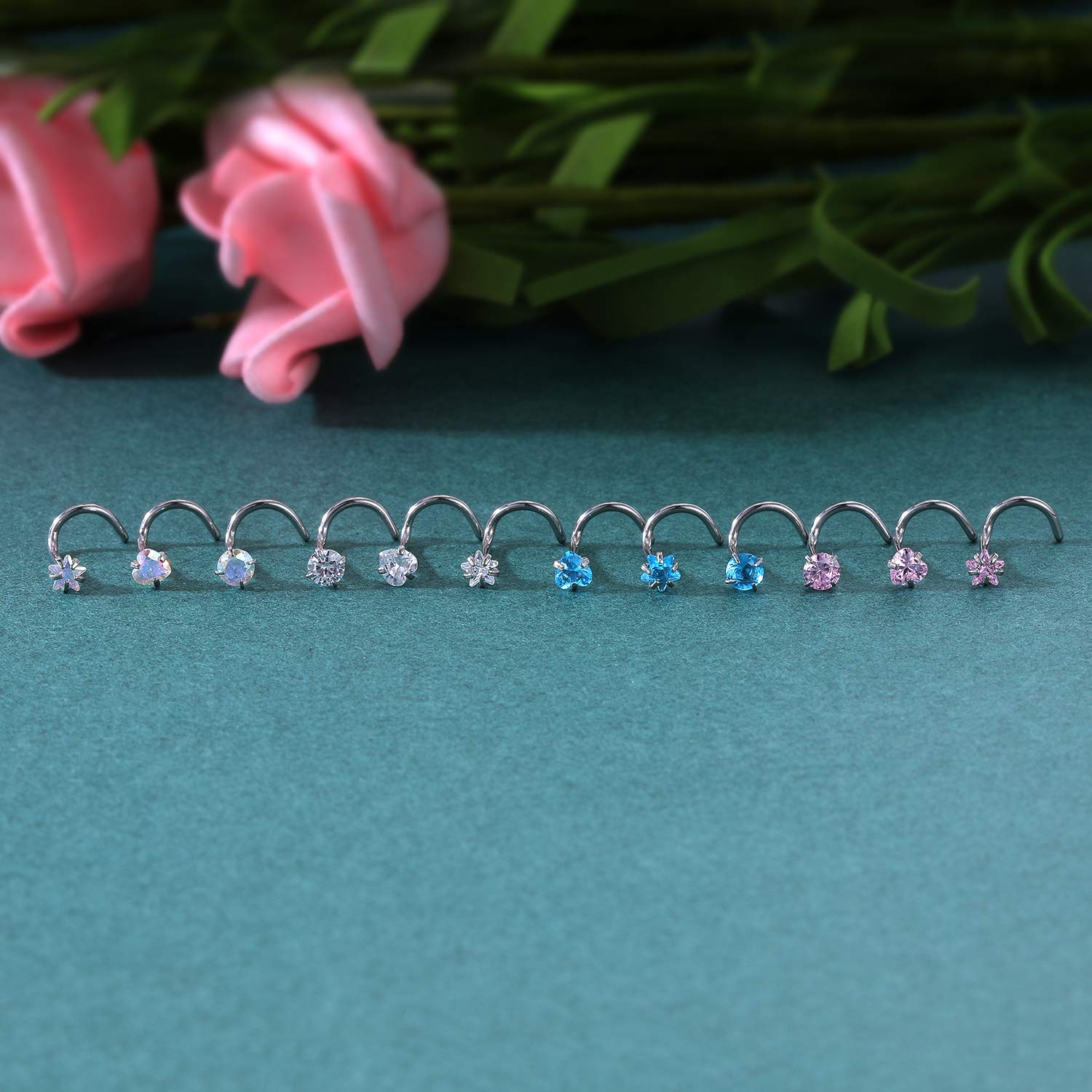ZS 9-12PCS 20g Surgical Stainless Steel Nose Stud Ring Piercing Nose Bone/L Shaped/Nose Screws Rings Set (12pcs nose screws style)