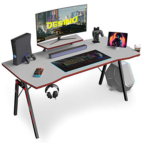 DESINO Gaming Desk 47 inch PC Computer Desk, Home Office Desk Table Gamer Workstation with Cup Holder and Headphone Hook, Gray