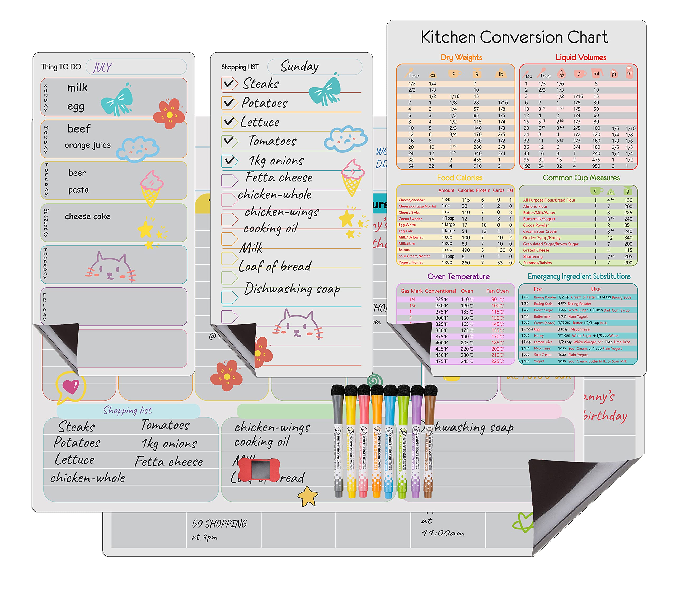 Hivillexun Magnetic Dry Erase Calendar Whiteboard Set (5-Pack) - Includes Meal Planner, Conversion Chart, Family Menu Organizer, Shopping List, and Daily Schedule - 8 Markers and 1 Eraser