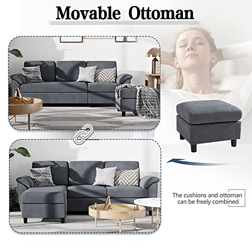 Meilocar 79β Modern Sectional Sofa Couch, Convertible L Shaped Couch with Reversible Ottoman, 3-Seat Sofa Sectional with Removable Armrest for Living Room, Apartment, Small Space, Blue Grey