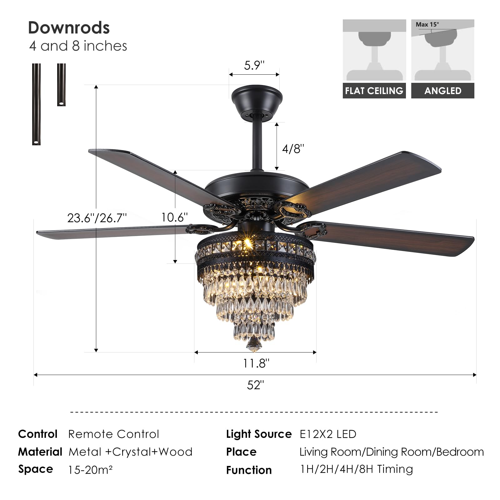 Crystal Ceiling Fan Fandelier with Lights - Modern Outdoor Fans with Remote Control,Noiseless AC Motor, Retro/Farmhouse Lighting, Dining Room, Living Room (52"