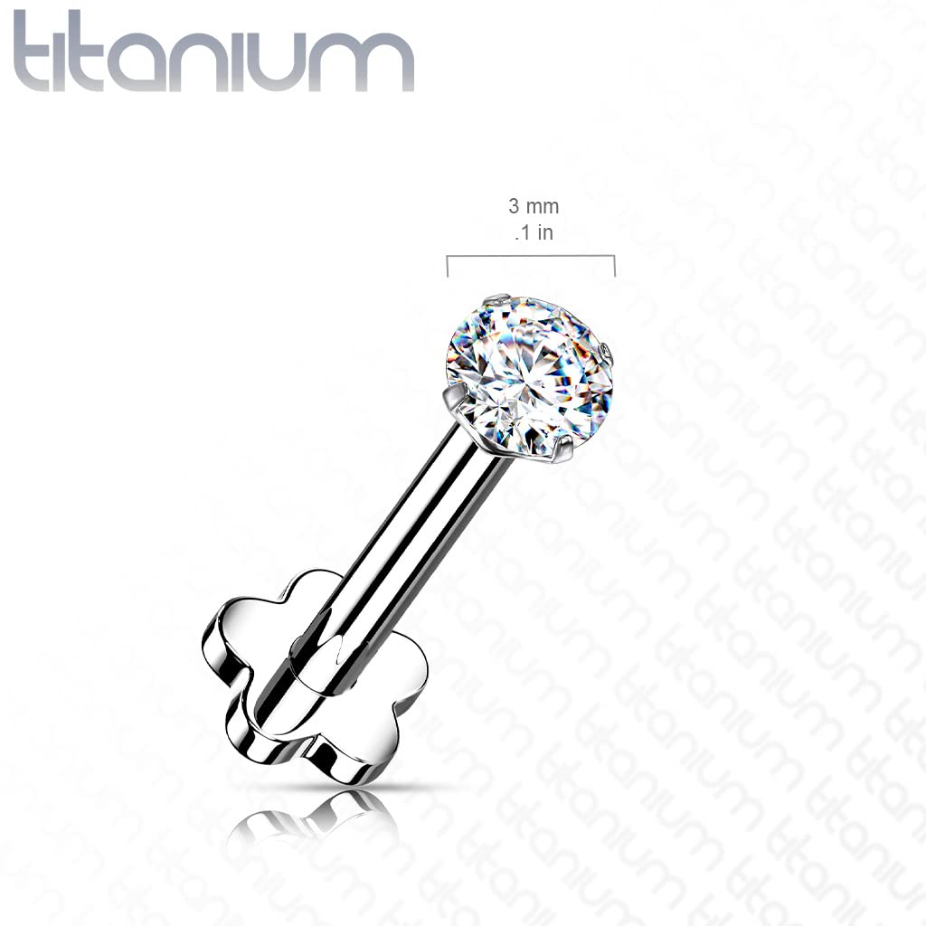 Dynamique Implant Grade Titanium Threadless Push In Flower Base Labret, Flat Back Studs With CZ Prong Set Top For Cartilage, Monroe, Nose (Sold Per Piece)