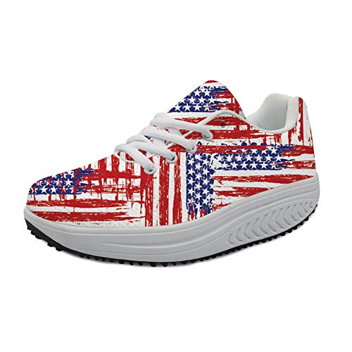 FOR U DESIGNS Lace-up Rocking Wedges Platform Women Girls Casual Walking Toning Sneakers Size 38 Cool American Flag Pattern