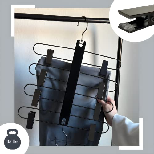 May Finery Pants Hangers Space Saving 2 Pack- Metal Skirt & Pant Hangers with Clips - Jean Hangers for Closet Clothes Hanger Organizer, Multi Slack Trouser Pants Rack Closet Hangers Space Saver, Black