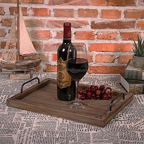 Juleduo Rustic Wooden Serving Trays with Handle-Set of 2-Decorative Nesting Food Board Platters 4 Coasters,for Breakfast Kitchen Ottoman Coffee Table