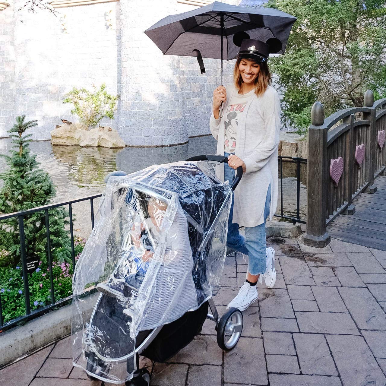 Disney Baby by J.L. Childress Universal Stroller Rain Cover - Disney Stroller Accessory - Disney World Travel Essential - Mickey Mouse Pattern - Storage Pocket - Clear/Silver
