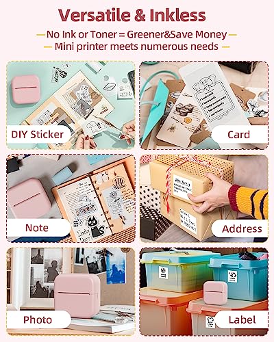 memolife 𝟐𝟎𝟐𝟑 𝐅𝐮𝐧 𝐆𝐢𝐟𝐭 Sticker Maker Machine - Mini Thermal Printer with 6 Rolls Non-Adhesive Paper (2in*21.3ft/Roll), Inkless Printer for iPhone & Android, Portable Mini Printer for DIY