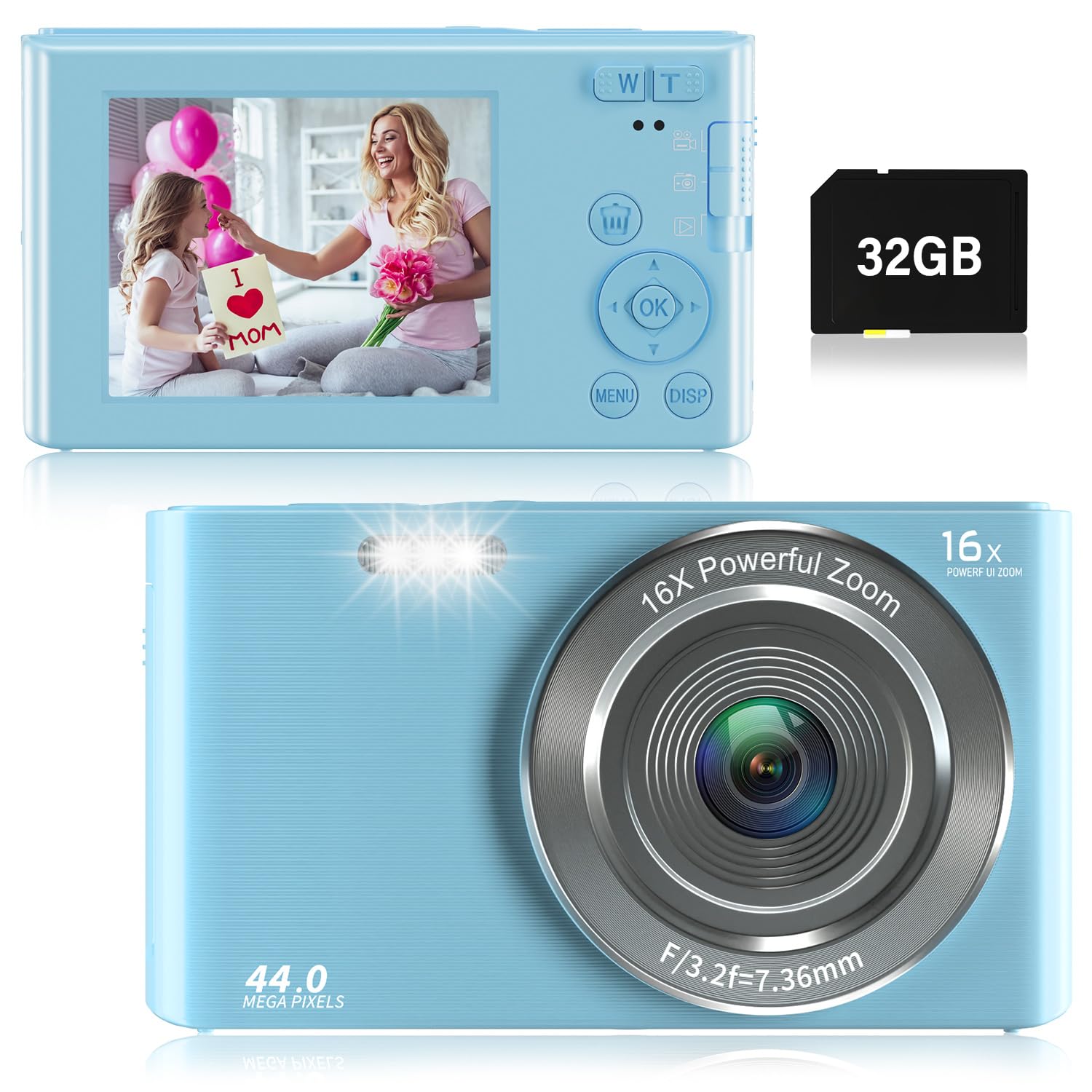 Digital Camera,Kids Camera with 32GB Card,FHD 1080P 44MP Compact Vlogging Camera,Point and Shoot Camera 16X Digital Zoom, Portable Mini Kids Camera for Teens Students