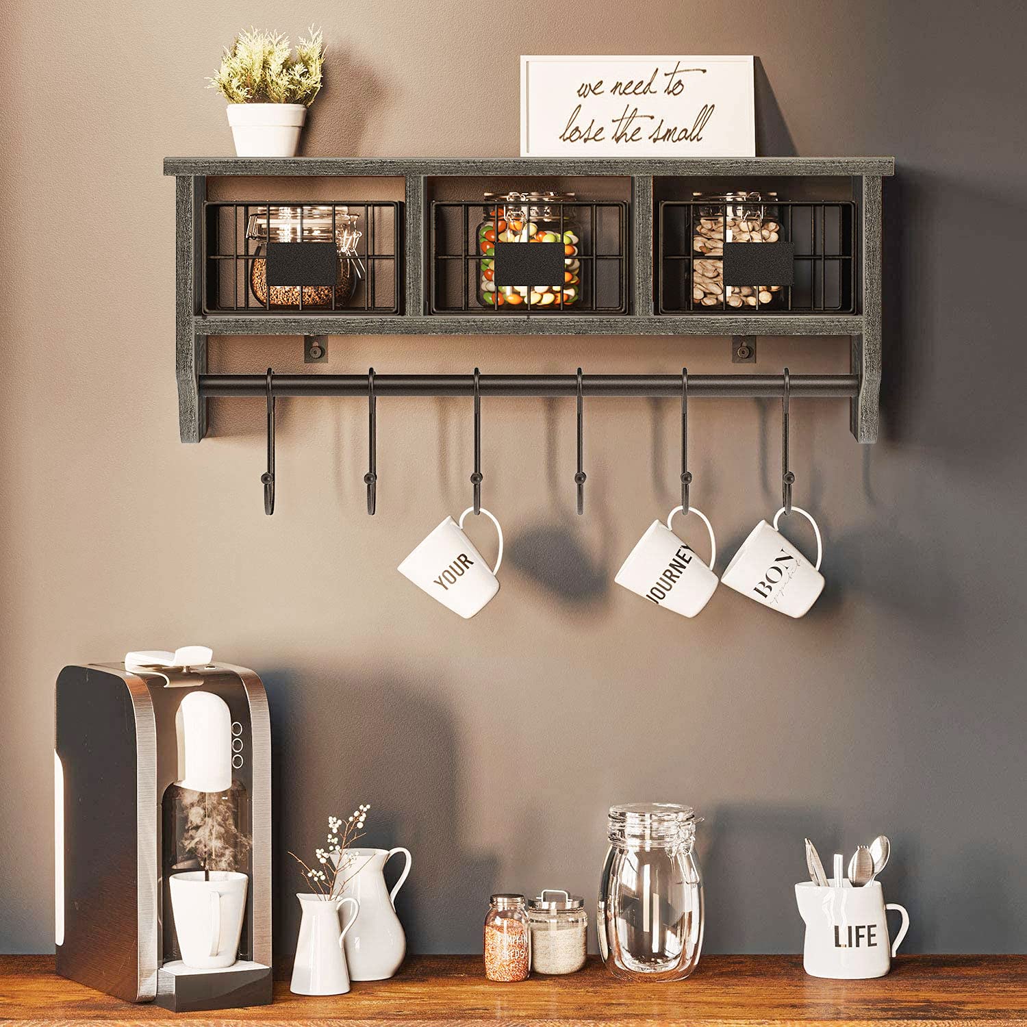 Rolanstar Wall Mounted Shelf with Hooks, Entryway Organizer Shelf with Storage Basket, Wall Mount Coat Rack with 6 Hooks, 24”Coffee Bar Hanging Shelf for Living Room,Bathroom,Kitchen,Grey