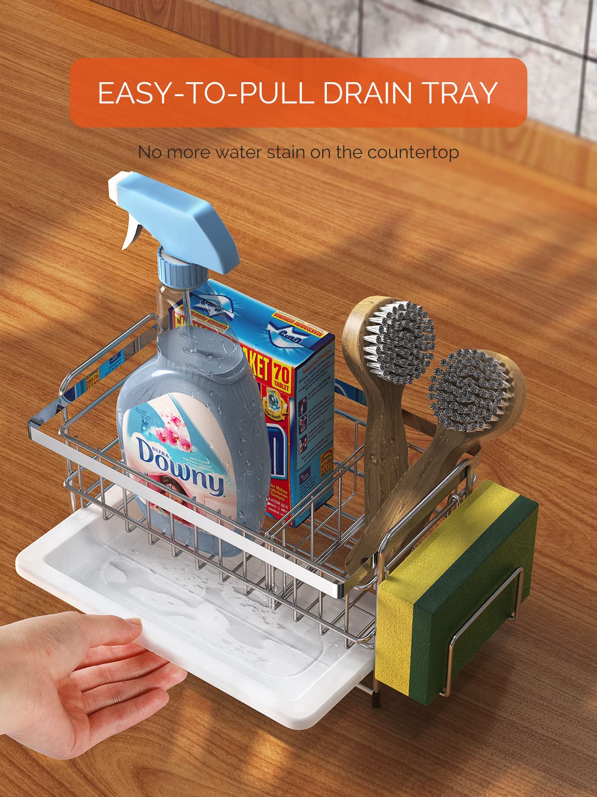 FavoThings Multifunctional Sponge Holder Kitchen Sink Caddy SUS304 Stainless Steel Kitchen Sink Accessories with Removable Drain Tray for Sponge, Dish Brush, Soap, Scrubber, Dishcloth, Silver