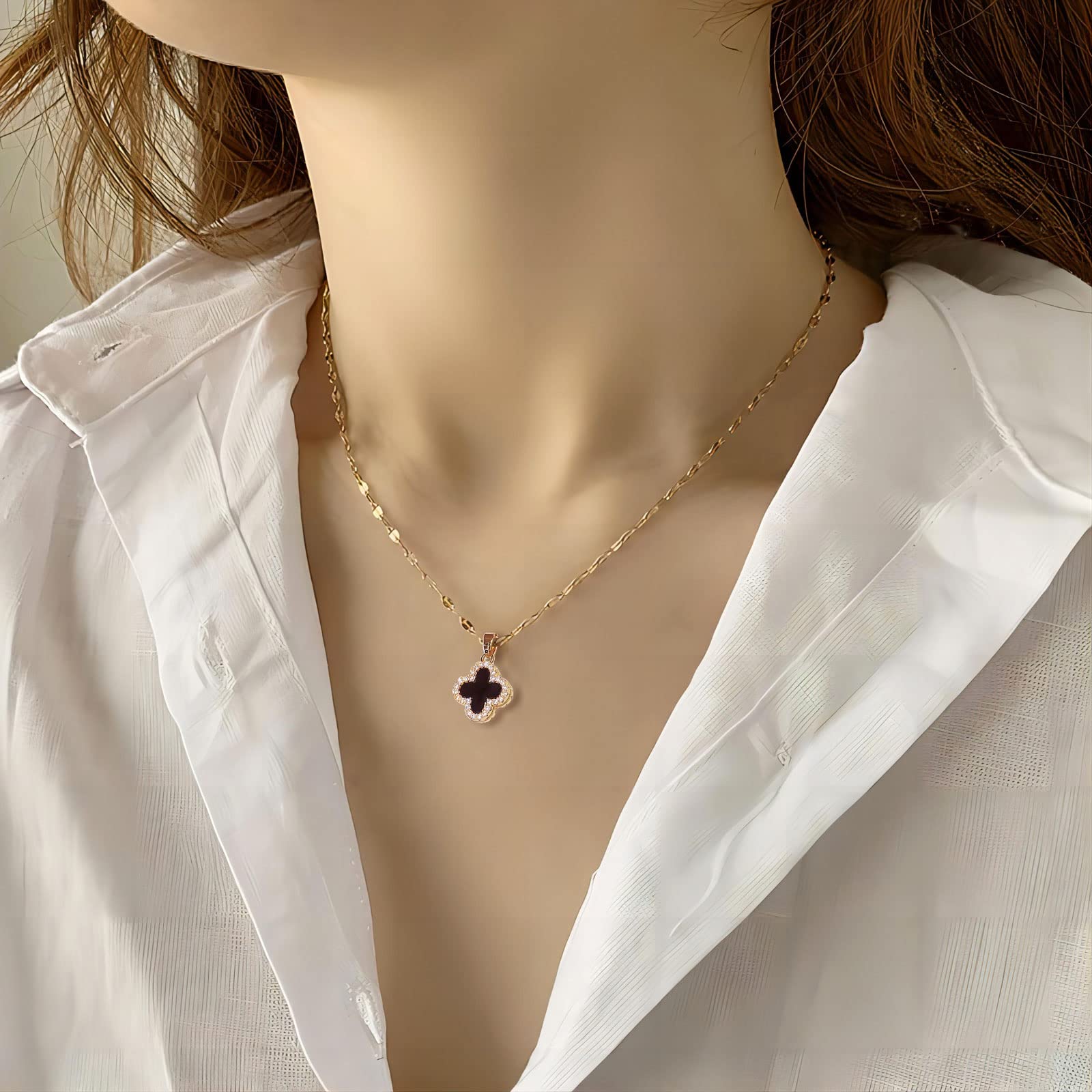 Fiklon Gold Clover Necklace For Women Lucky Black and White Leaf Clover Pendant Necklace Jewelry Double Side (Black White)