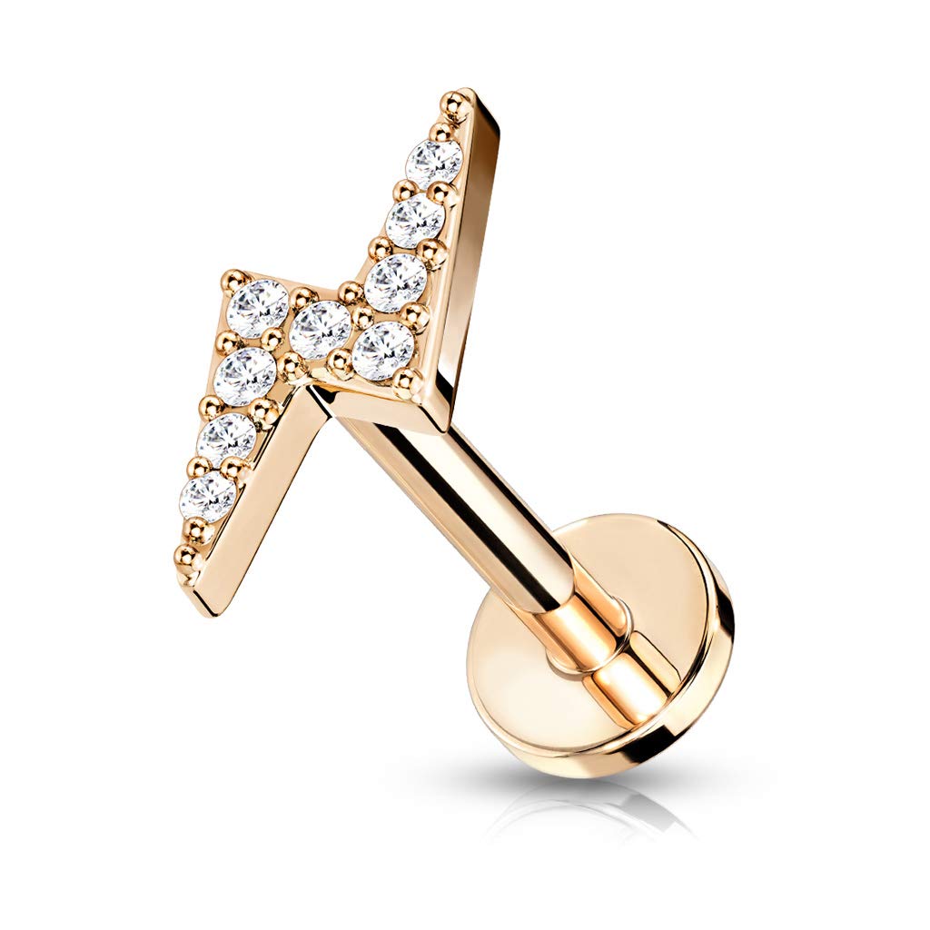 Dynamique Paved Round CZ Lightning Bolt Top On Internally Threaded 316L Surgical Steel Flat Back Studs For Cartilage And Labret (Sold Per Piece)