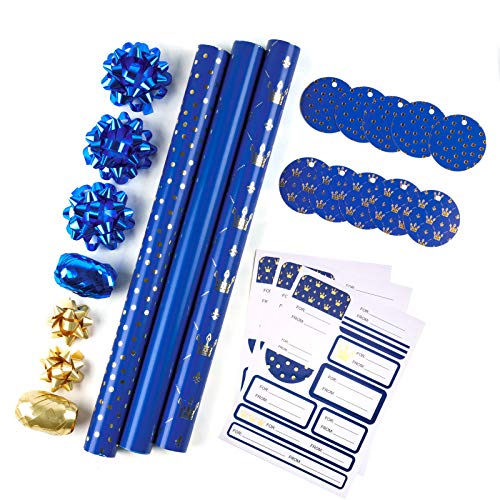 MAYPLUSS Wrapping Paper Set - Mini Roll with Bow & Ribbon & Gift Tags & Stickers - 17 inch X 120 inch Per roll - Royal Blue Design (42.3 sq.ft.TTL)