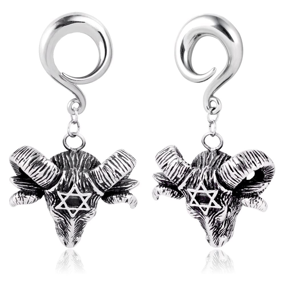 Earblity (8mm 0g Hook Plugs Ear Weight Bull Head Dangle Piercing Ear Gauges Silver Hypoallergenic 316 Stainless Steel Stretcher Body Jewelry 2PCS