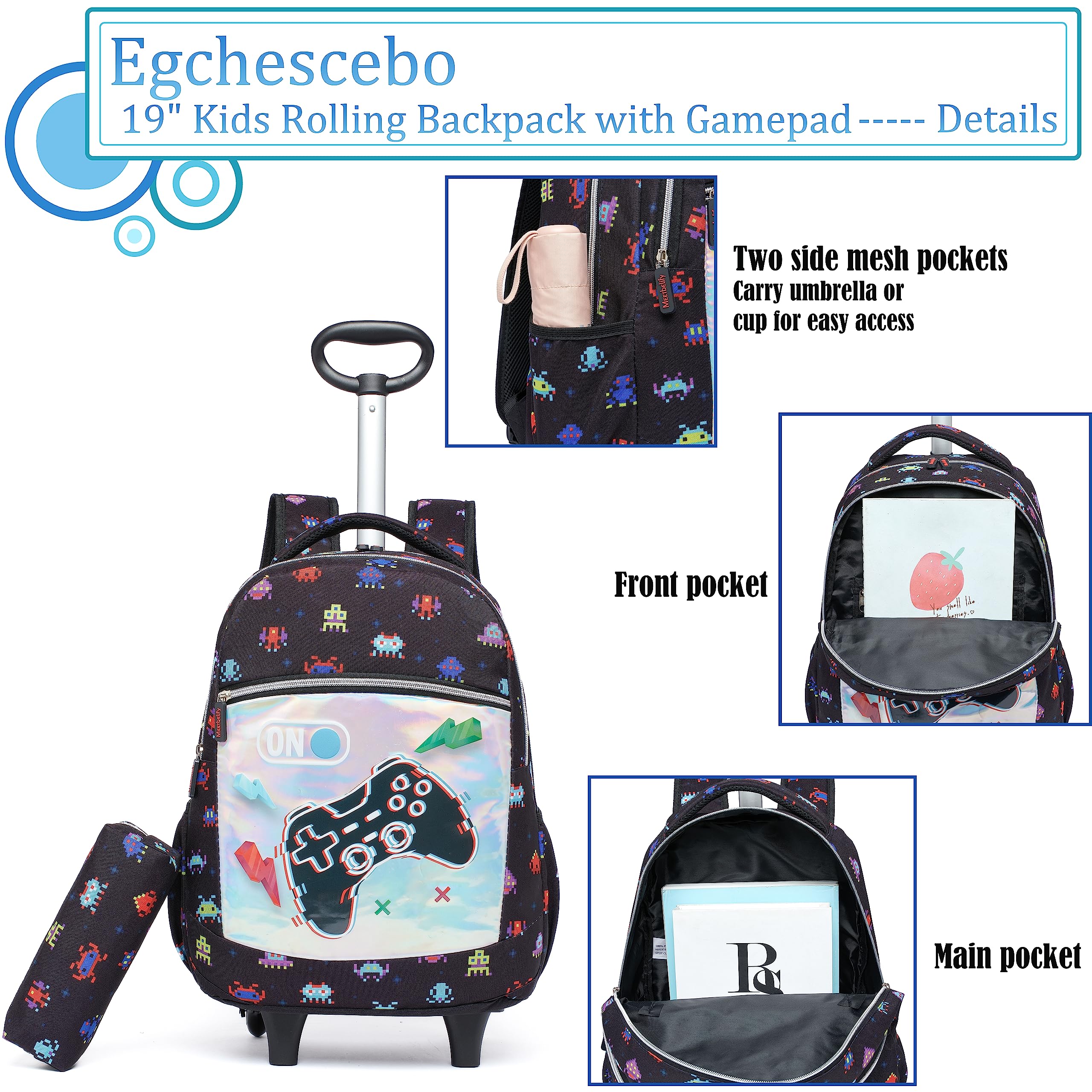 Egchescebo Kids Rolling Backpack for Boys Suitcases Backpacks 18" 3PCS Travel Luggage Roller Backpacks Wheels with Lunch Box Pencil Case for Elementary Trolley School Bag with Gamepad Dark Blue