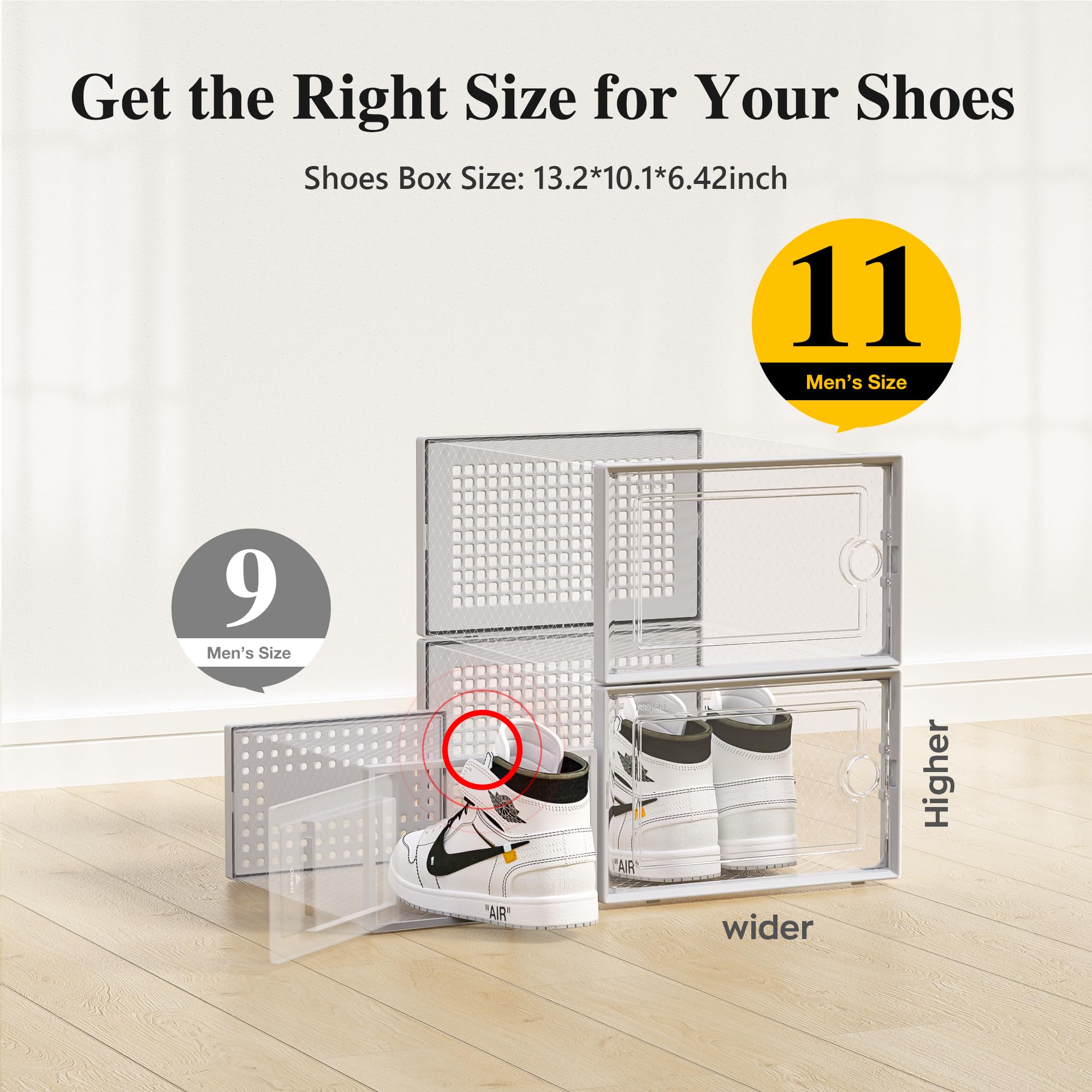 Kuject X-Large Shoe Storage Boxes Organizers Clear Plastic Stackable 4 Pack, Shoe Rack & Holder Substitute, Sneaker Containers, Toy Storage Organizer Bins for Entryway, Closet, Under Bed, White