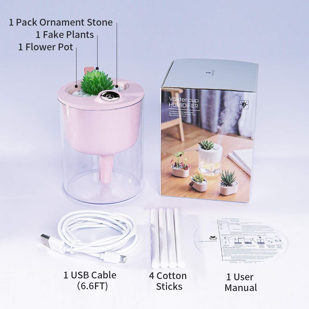 Desk Humidifier, USB Cool Mist Humidifier, Quiet Ultrasonic Mini Humidifiers for Bedroom Home Baby Office Car with Led Light,Timed Auto Shut Off, Lasts Up to 10 Hours (Artificial Plant Include) Pink