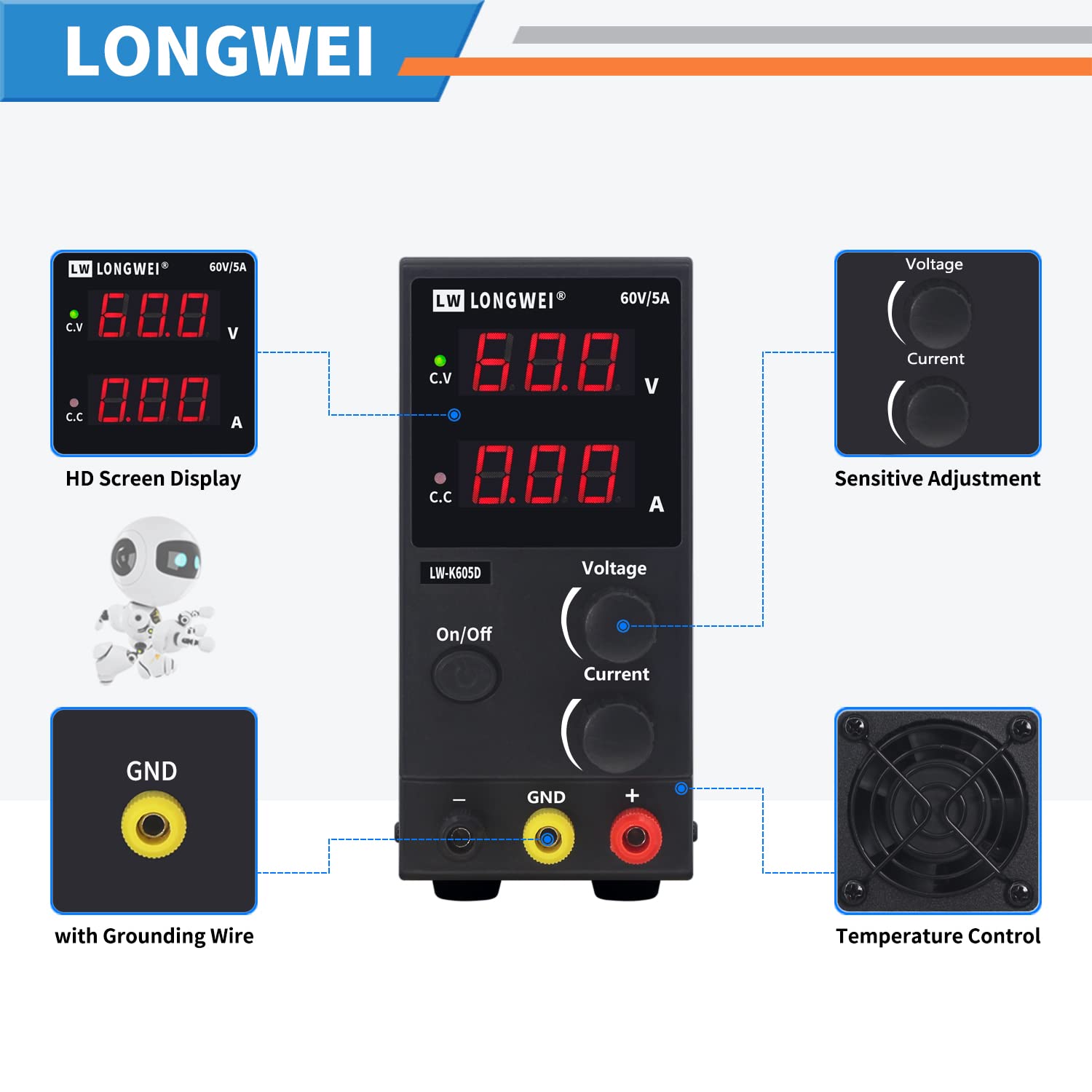 DC Power Supply Variable 60V 5A,Adjustable Regulated Switching Power Supply Digital with Alligator Leads US Power Cord for Repair