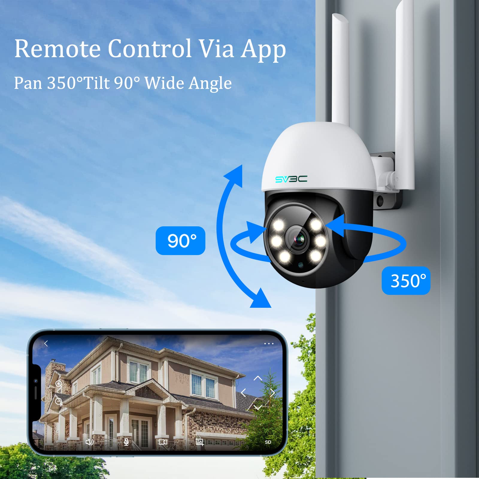 SV3C Solar Wireless Security Camera Outdoor, HD 1080P PTZ Home WiFi Camera, 360 Rotate, Smart PIR Motion Detect, Floodlight Color Night Vision, Two Way Audio, Waterproof, App Alerts, SD Card or Cloud