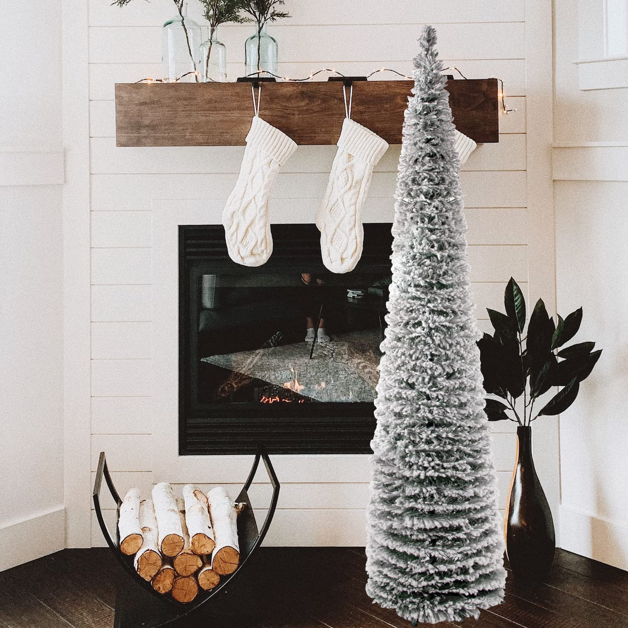 DOYOLLA Snow Flocked Christmas Tree 5ft, Artificial Small Pop up Collapsible Snow White Flocked Pencil Pine Tree for Holiday Christmas Decorations Indoor Outdoor