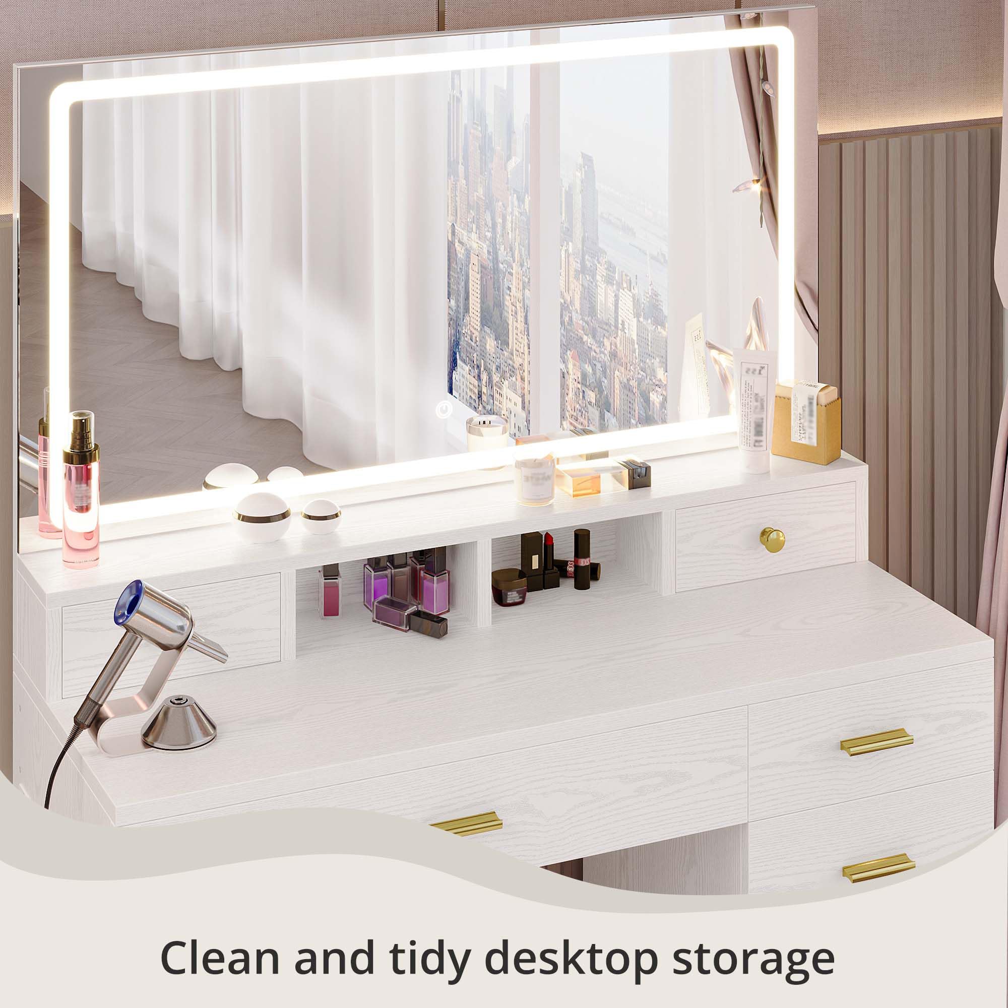 IRONCK Vanity Desk with LED Mirror and Lights and Power Outlet, Modern 8 Drawers Makeup Vanity Table with Storage Stool, for Bedroom, White