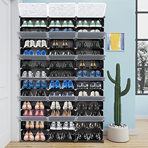 MENGK12-Tier Portable 72 Pair Shoe Rack Organizer 36 Grids Tower Shelf Storage Cabinet Stand Expandable for Heels, Boots, Slippers, Black