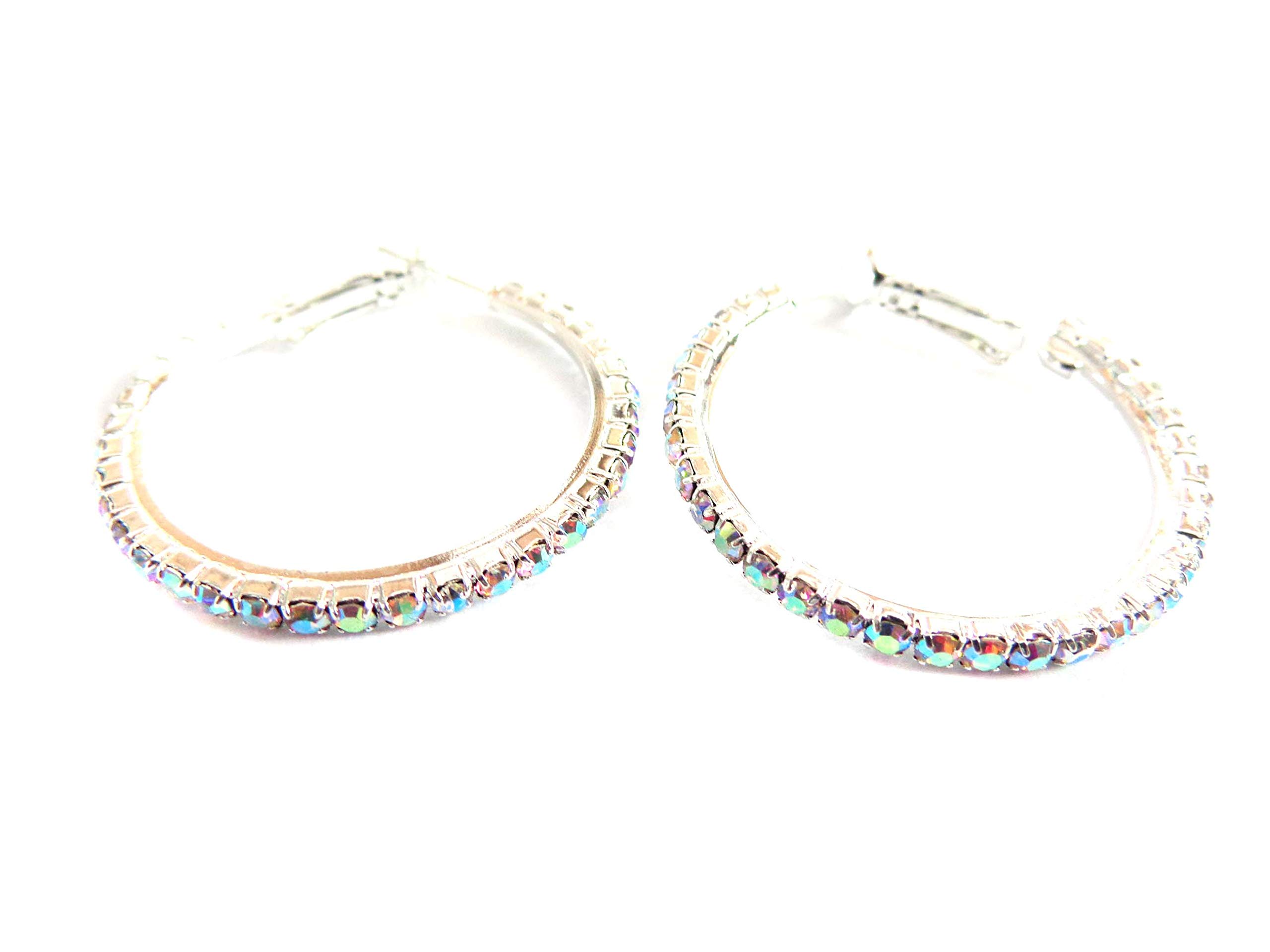 Crystal Iridescent Rhinestone Hoop Earrings 1.75 Inch Hoops Crystal Silver tone Hoop Earrings