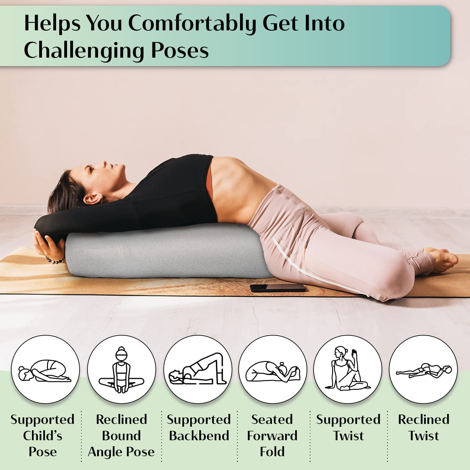 Embroidered Yoga Bolster Pillow for Restorative Yoga with Carrying Bag - Rectangular Yoga Pillow, Meditation Cushion for Pressure Relief, Support & Practice Enhancement - 25.9 x 10.2 x 5.9 IN, Grey