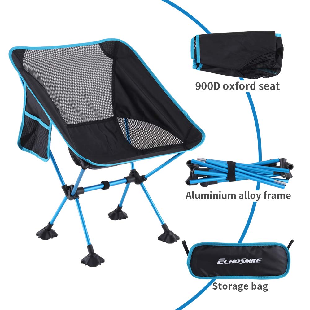 EchoSmile Blue Portable Camping Chair, Compact Ultralight Folding Backpacking Chairs, Small Collapsible Foldable Packable Lightweight Chair in a Bag for Outdoor, Camp, Picnic, Hiking