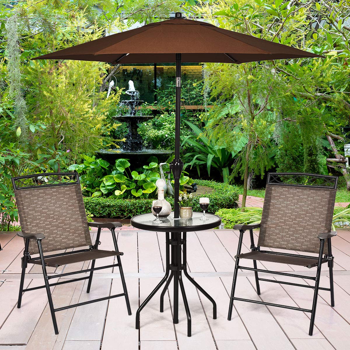 renatone 3 Piece Patio Bistro Set, Outdoor Bistro Dining Furniture Set Table & Folding Chairs for Garden, Pool, Backyard, Tempered Glass Tabletop with Umbrella Hole