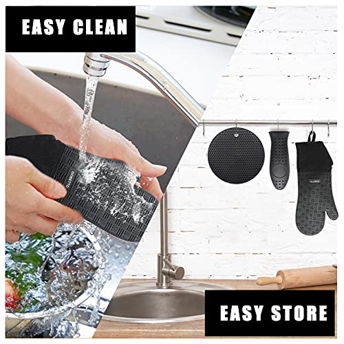 GOBETTO 6-Piece Silicone Oven Mitts and Pot Holders Sets, 15-inch Extra Long Heat Resistant Oven Gloves with Cast Iron Handle Cover Holders and Hot Pads for Kitchen Cooking Baking Grilling (Black)