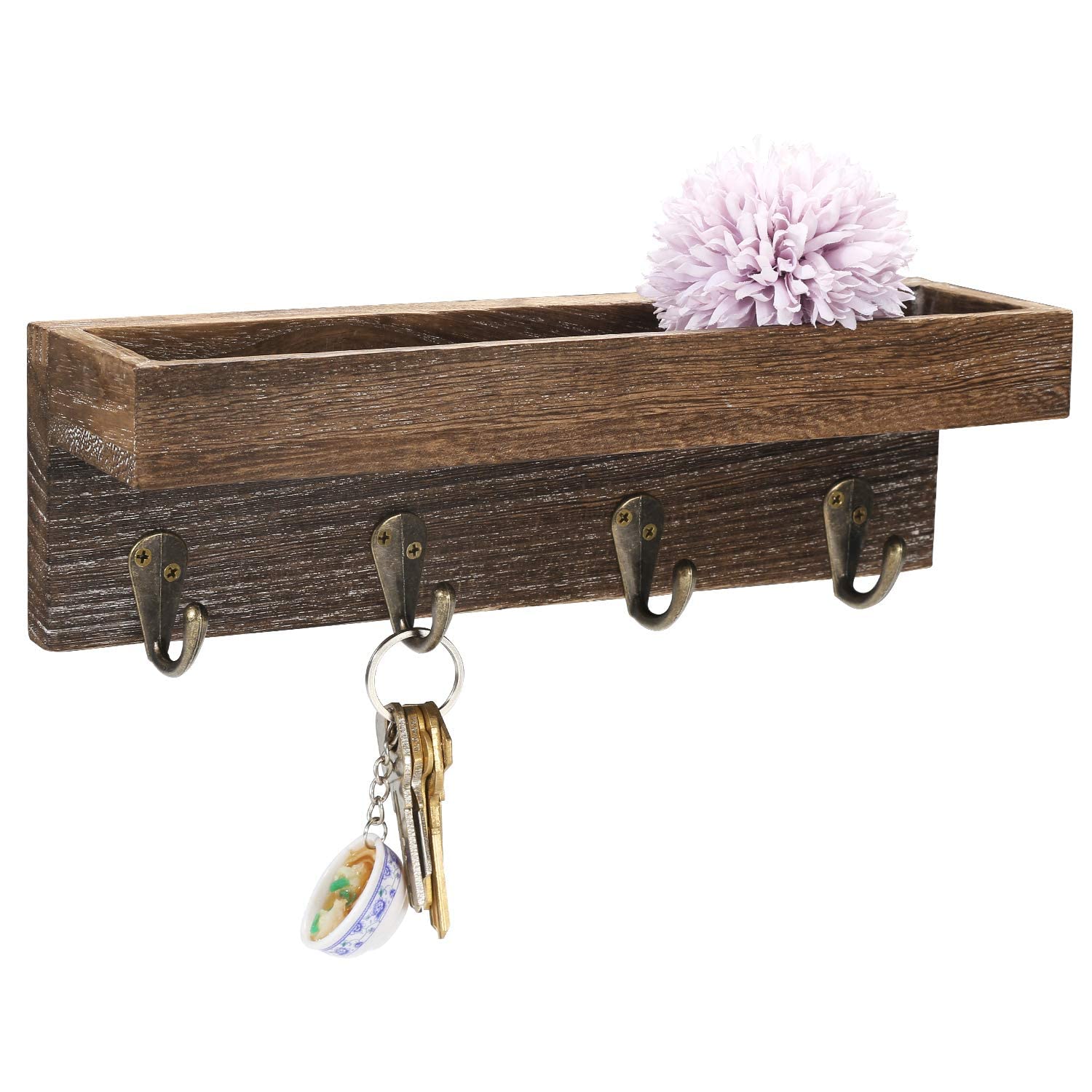 DOCMON Wall Mounted Rustic Wood Shelf, 1 Shelf Key Holder Organizer with 4 Metal Hooks, Farmhouse Style Mail Organizer for Entryway, Hallway, Bedroom, Office