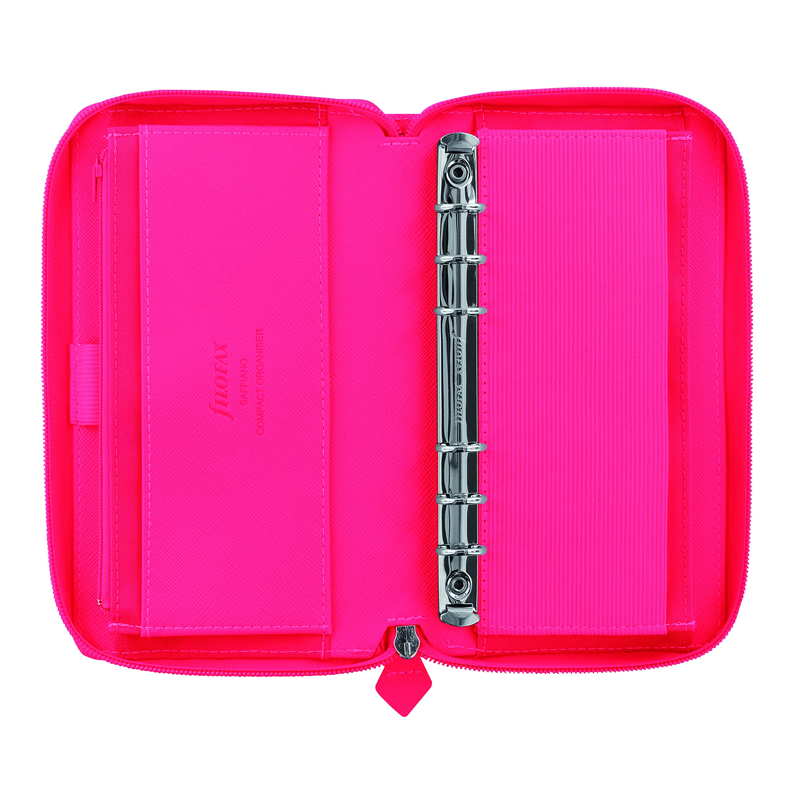 Filofax Saffiano Fluoro Zip Organizer, Personal Compact Size, Fluoro Pink - Cross-Grain, Leather-Look, Six Rings, Week-to-View Calendar Diary, Multilingual, 2022 (C028751-22)