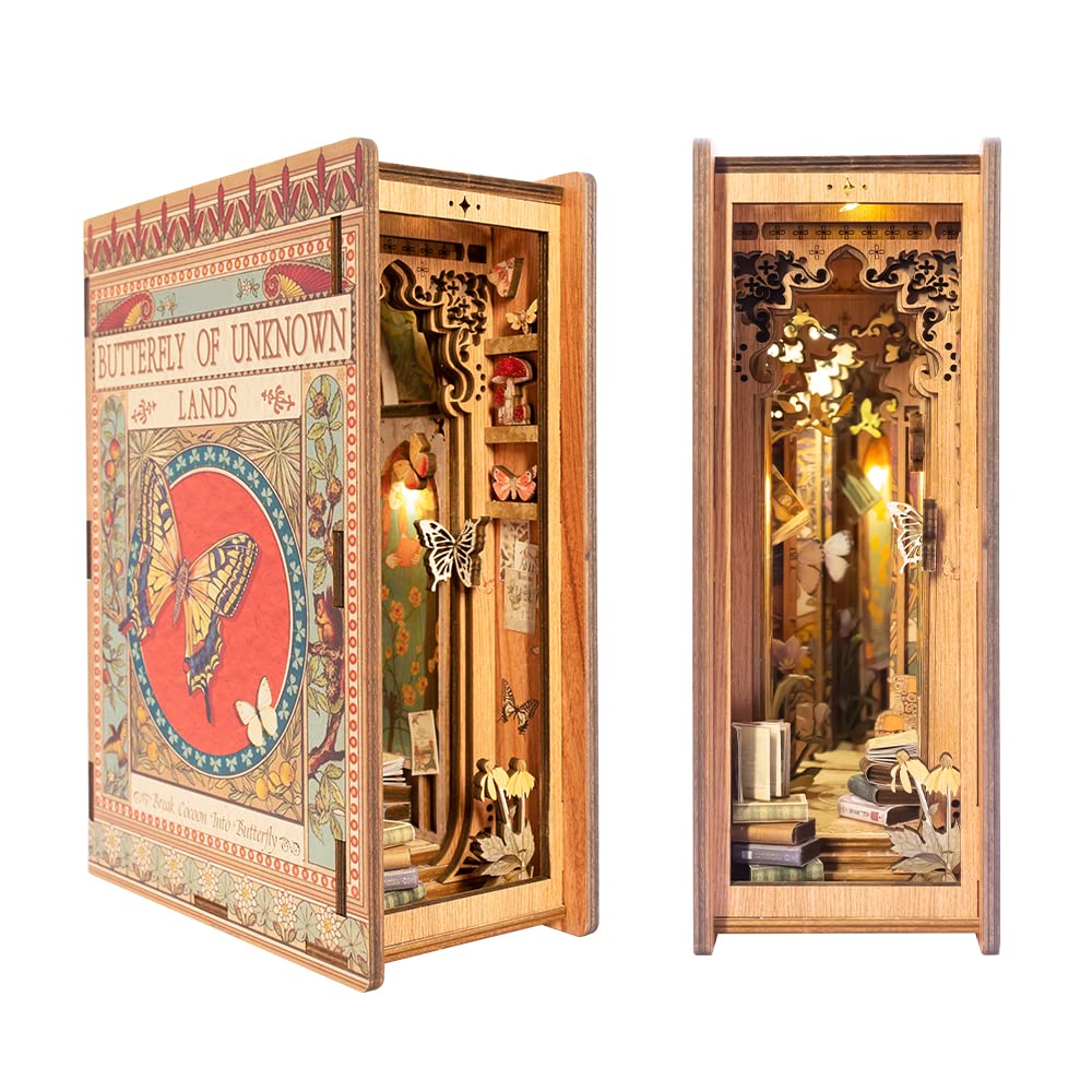 Fsolis Book Nook Kit, DIY Booknook Miniature House Kit for Adult DIY Bookend Book Shelf Decor 3D Wooden Puzzle Book Box Model Building Diorama Project Art Craft Gift for Women Kids Book Lovers