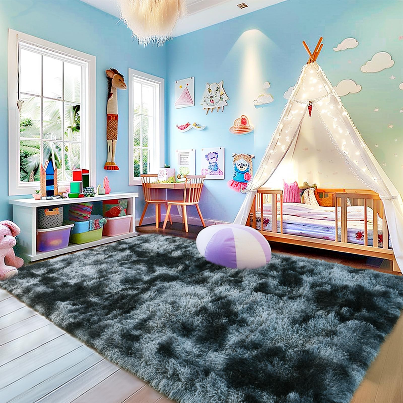 Isdook Anti-Skid Rectangular Fuzzy Rug Fluffy Rug for Living Room Non-Slip Shag Fuzzy Rug for Nursery Tie-Dyed Blue Grey Rectangle 5x7 Feet