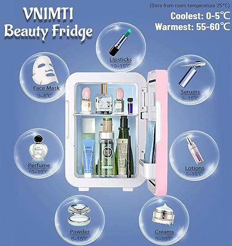 VNIMTI Mini Skincare Fridge 4 Liter/6 Cans, Portable Cosmetic Fridges with Makeup Mirror, Cooler & Warmer, AC & DC, Small Refrigerator for Bedroom, Car, Office, Outdoor (Pink - 4L)