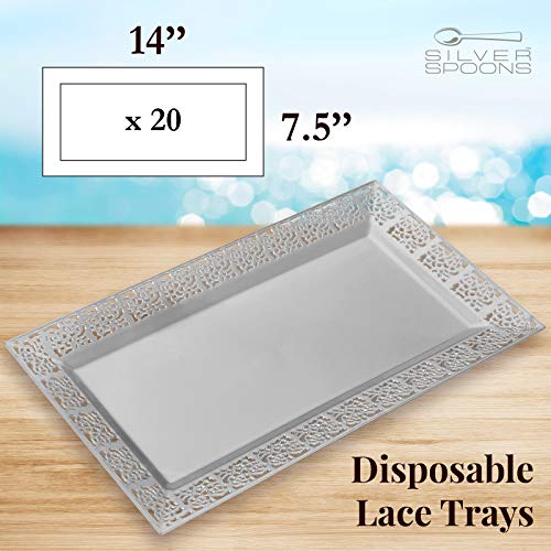 Elegant Lace Plastic Serving Trays (6 PC), Disposable Plastic Trays and Platters for Party - 14β x 7.5β, Serves Snacks, Charcuterie, Desserts, Sweets, Perfect for Upscale Wedding, and Dining - Silver