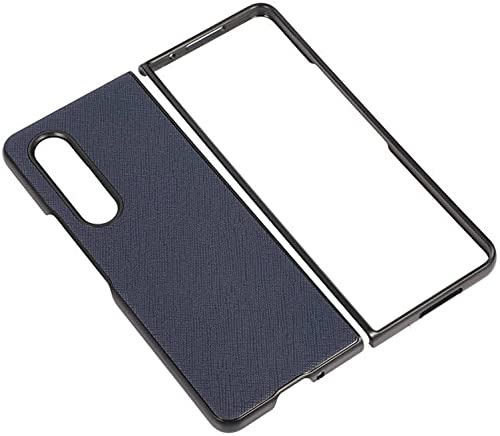 ZYKY Phone Case for Galaxy Z Fold 3, Genuine Leather Protection Cover PC Hard Shockproof Back Cover Protector Case Shell Compatible with Samsung Galaxy Z Fold 3 5G (Blue)